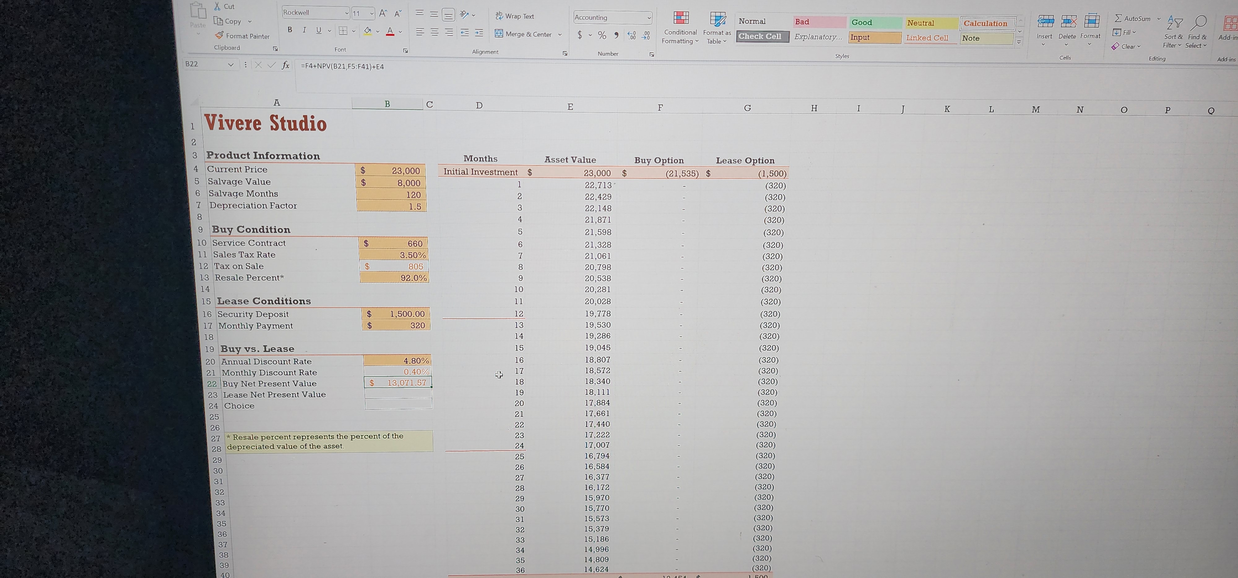 Solved 19Vivere StudioIn cell B22, ﻿enter a formula to | Chegg.com