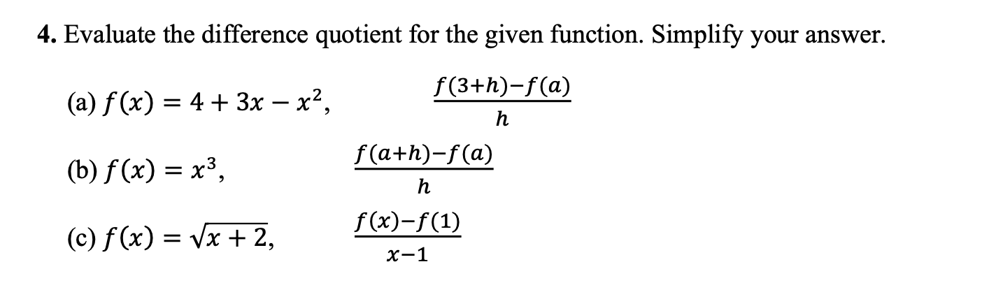 Solved 4. Evaluate the difference quotient for the given | Chegg.com