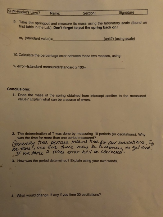 Solved SHM-Hooke's Law/6 Name: Section nature Part II. Data | Chegg.com