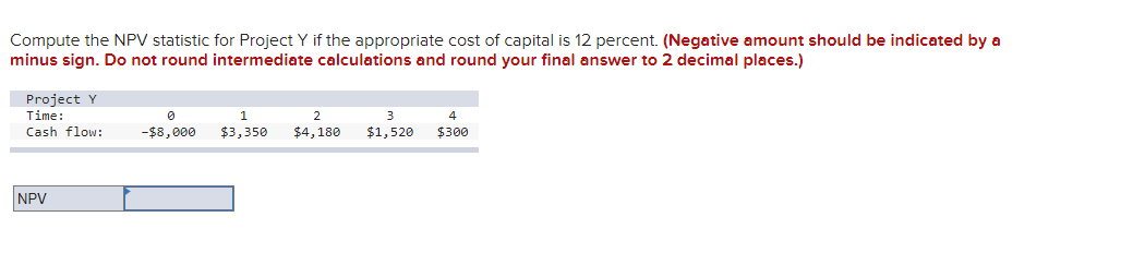 Solved Compute the NPV statistic for Project Y if the | Chegg.com