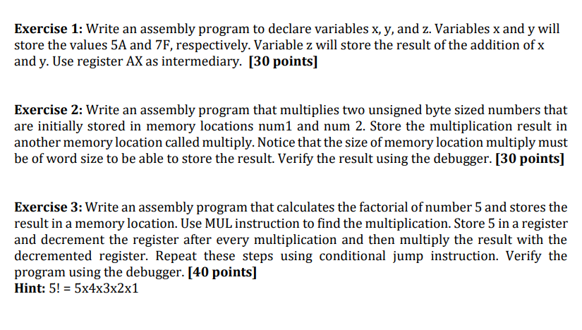 Exercise 1: Write an assembly program to declare | Chegg.com