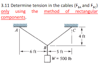 Solved 3.11 Determine tension in the cables (FBA and FBC) | Chegg.com
