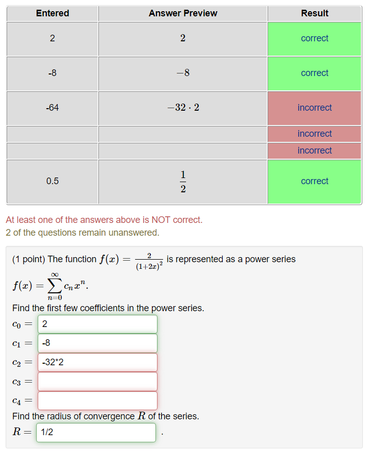 Solved Entered Answer Preview Result 2 2 correct -8 -8 | Chegg.com