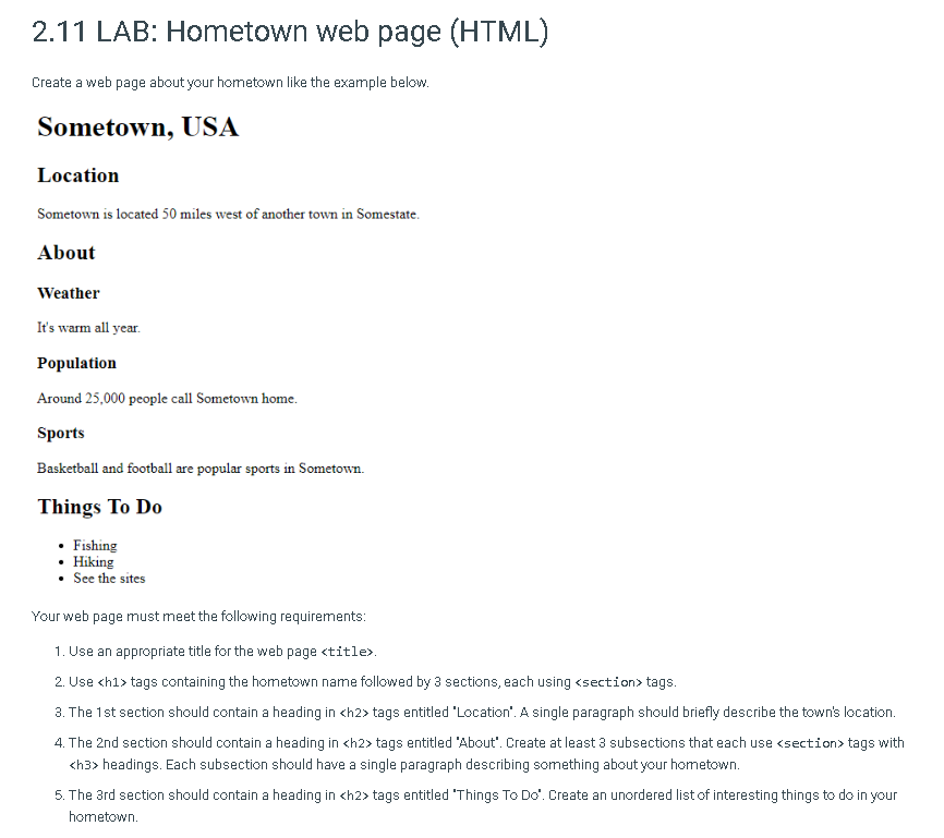 Solved 2.11 LAB: Hometown web page (HTML) Create a web page | Chegg.com