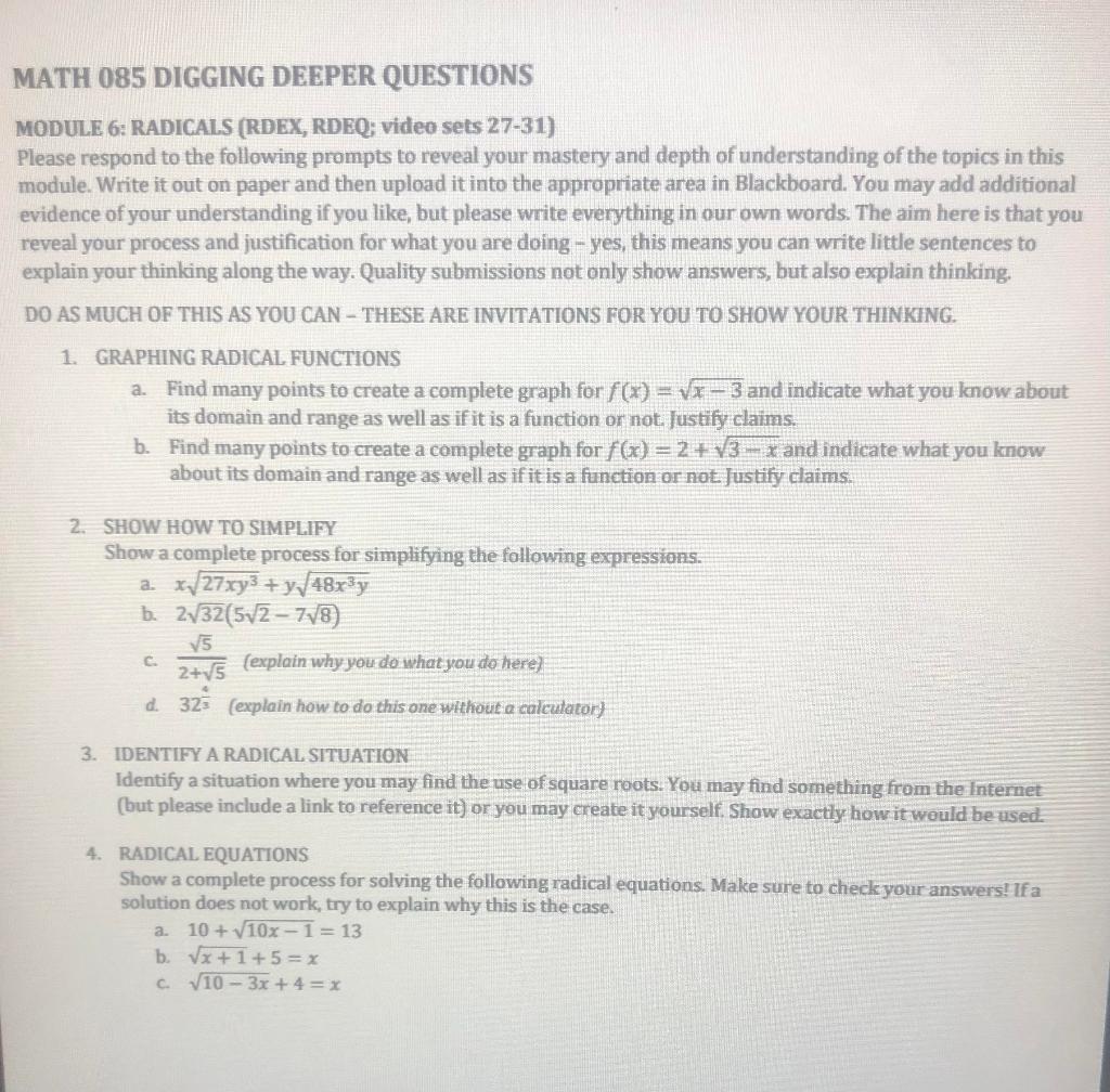 Solved MATH 085 DIGGING DEEPER QUESTIONS MODULE 6: RADICALS | Chegg.com