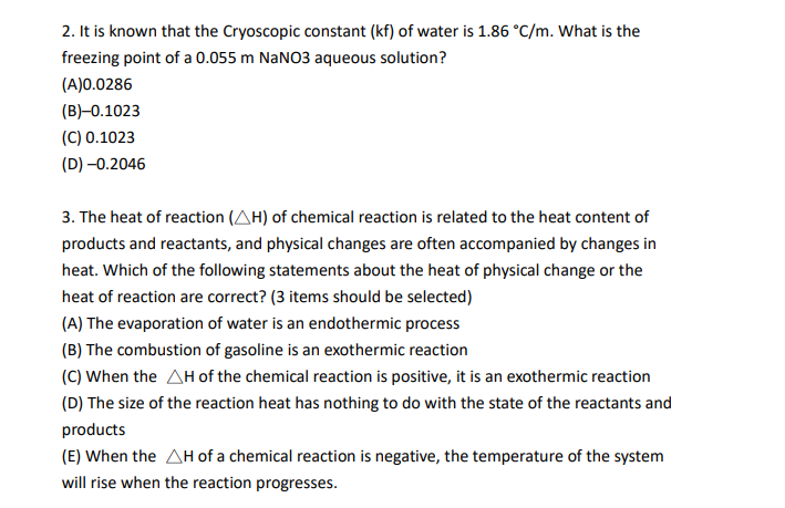 Solved 2. It is known that the Cryoscopic constant (kf) of | Chegg.com