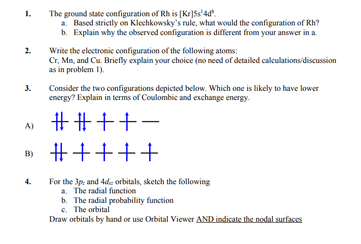 Solved 1. The ground state configuration of Rh is [Kr]5s 4d | Chegg.com