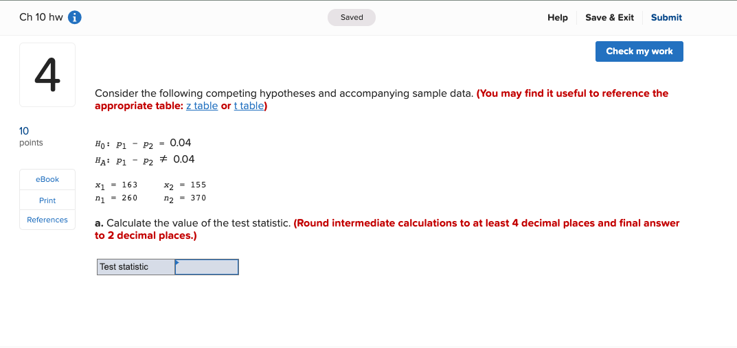 Solved Ch 10 hw Saved Help Save & Exit Submit Check my work | Chegg.com