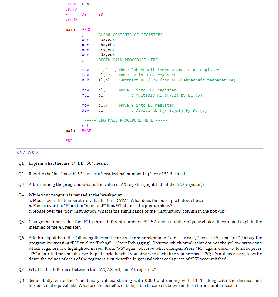 Solved .MODEL FLAT .DATA F DB .CODE 50 main PROC --- xor xor | Chegg.com
