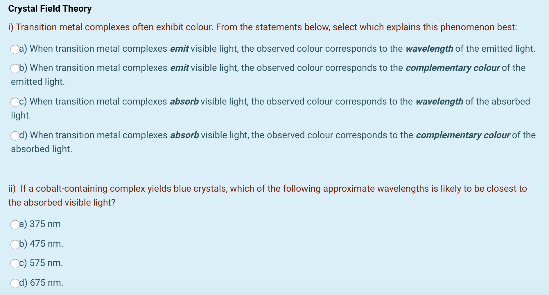 Solved Crystal Field Theory i) Transition metal complexes | Chegg.com