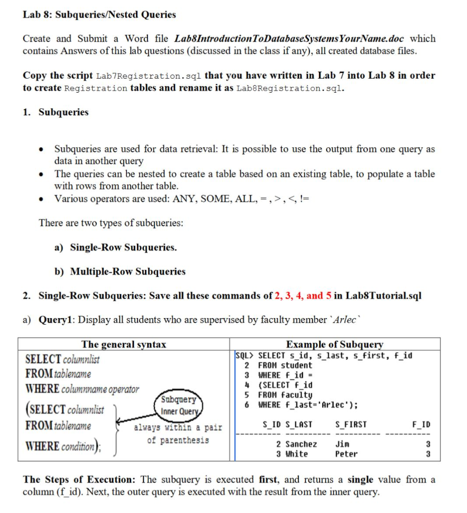 Lab 8: Subqueries/Nested Queries Create and Submit a | Chegg.com