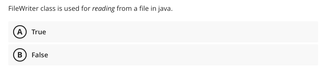 Solved FileWriter class is used for reading from a file in | Chegg.com