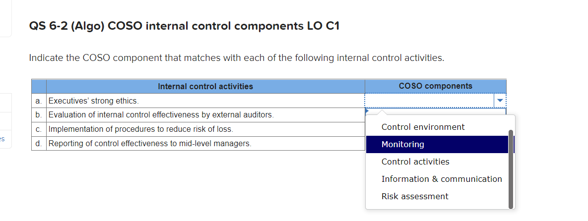 Solved QS 6-2 (Algo) COSO internal control components LO C1 | Chegg.com