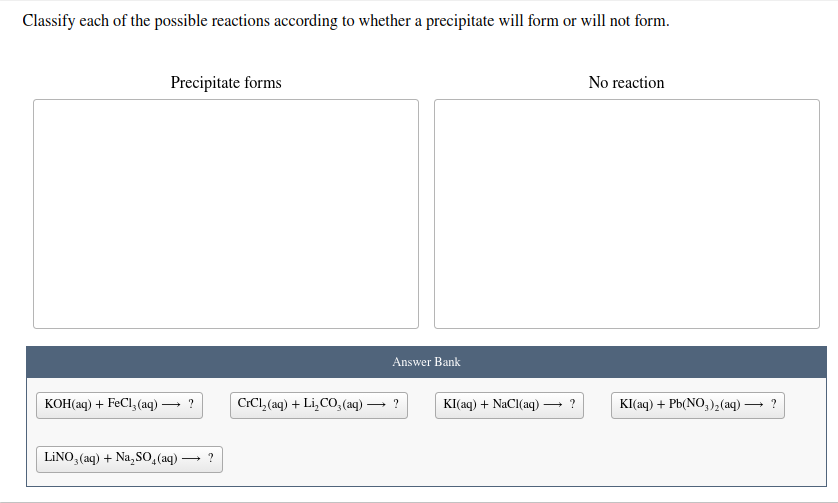 Solved Classify each of the possible reactions according to | Chegg.com