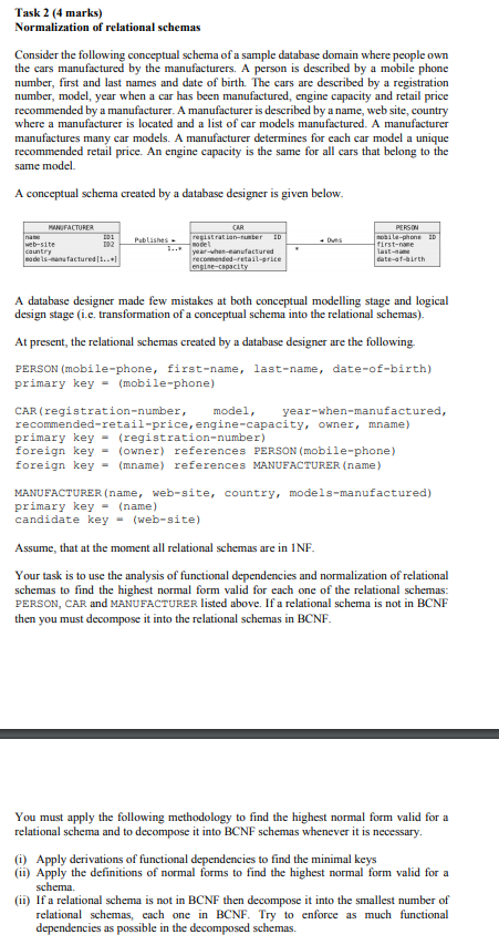 Task 2 (4 marks) Normalization of relational schemas | Chegg.com