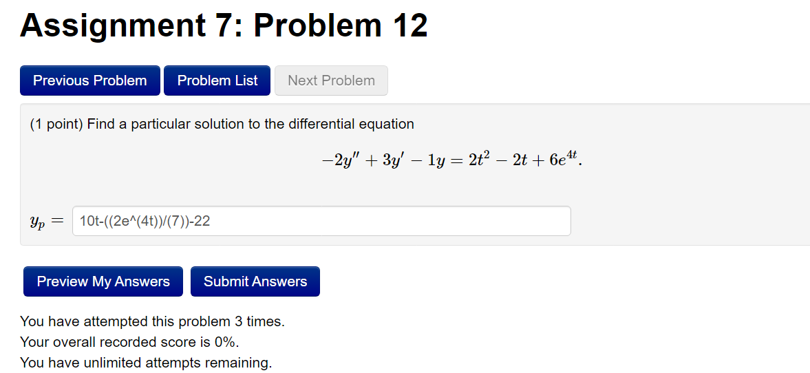Solved (1 point) Find a particular solution to the | Chegg.com