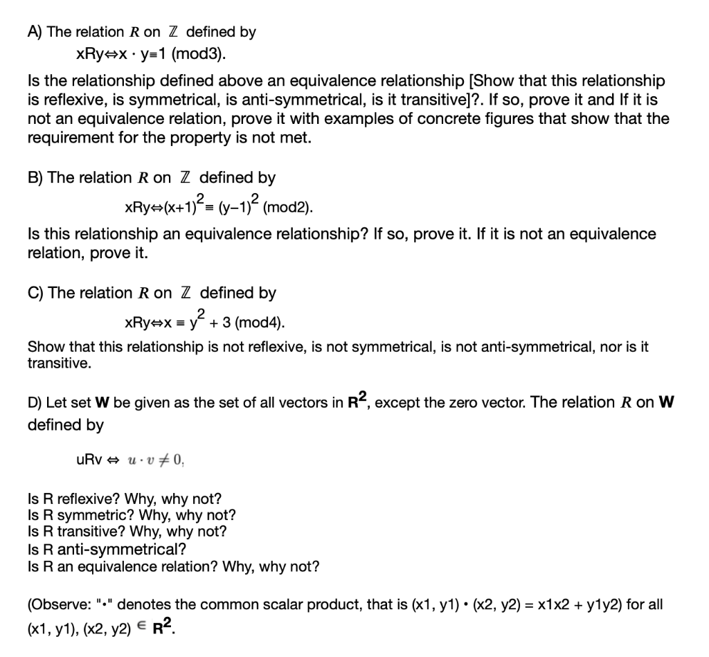 Solved A) The relation Ron Z defined by XRy=X : y=1 (mod3). | Chegg.com