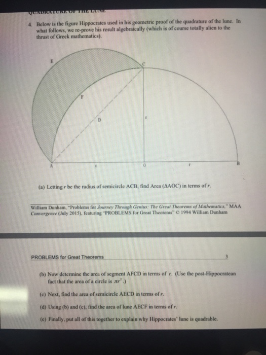 Solved Below is the figure Hippocrates used in his geometric | Chegg.com