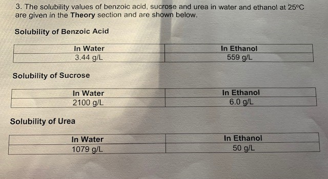 Solved 3. The solubility values of benzoic acid, sucrose and | Chegg.com