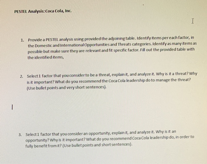 Solved PESTEL Analysis: Coca Cola, Inc. 1. Provide a PESTEL | Chegg.com