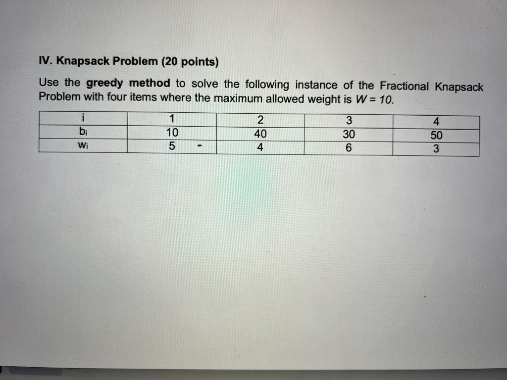 Solved IV. Knapsack Problem (20 points) Use the greedy | Chegg.com Solved IV. Knapsack Problem (20 points) Use the greedy | Chegg.com