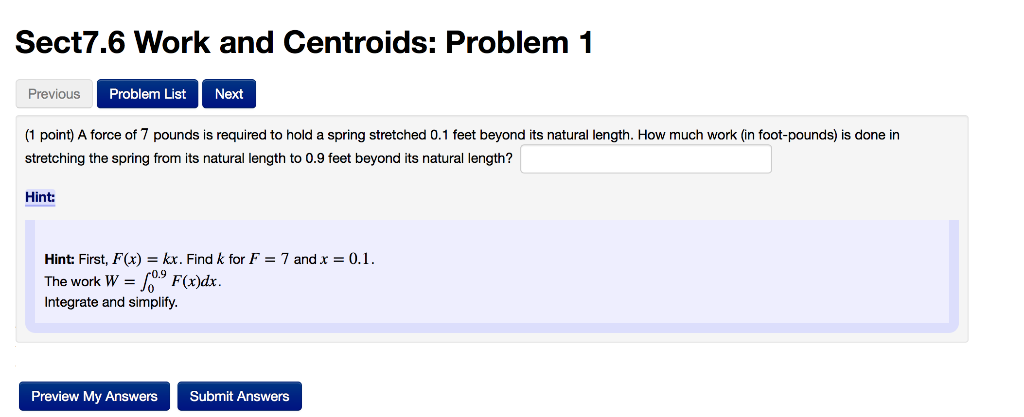 Solved Sect7.6 Work and Centroids: Problem 1 Problem List | Chegg.com
