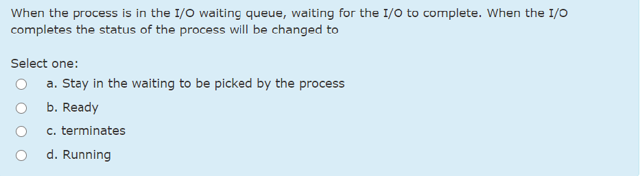 Solved When the process is in the I/O waiting queue, waiting | Chegg.com