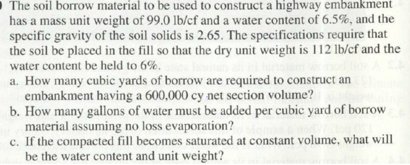 Solved The soil borrow material to be used to construct a | Chegg.com