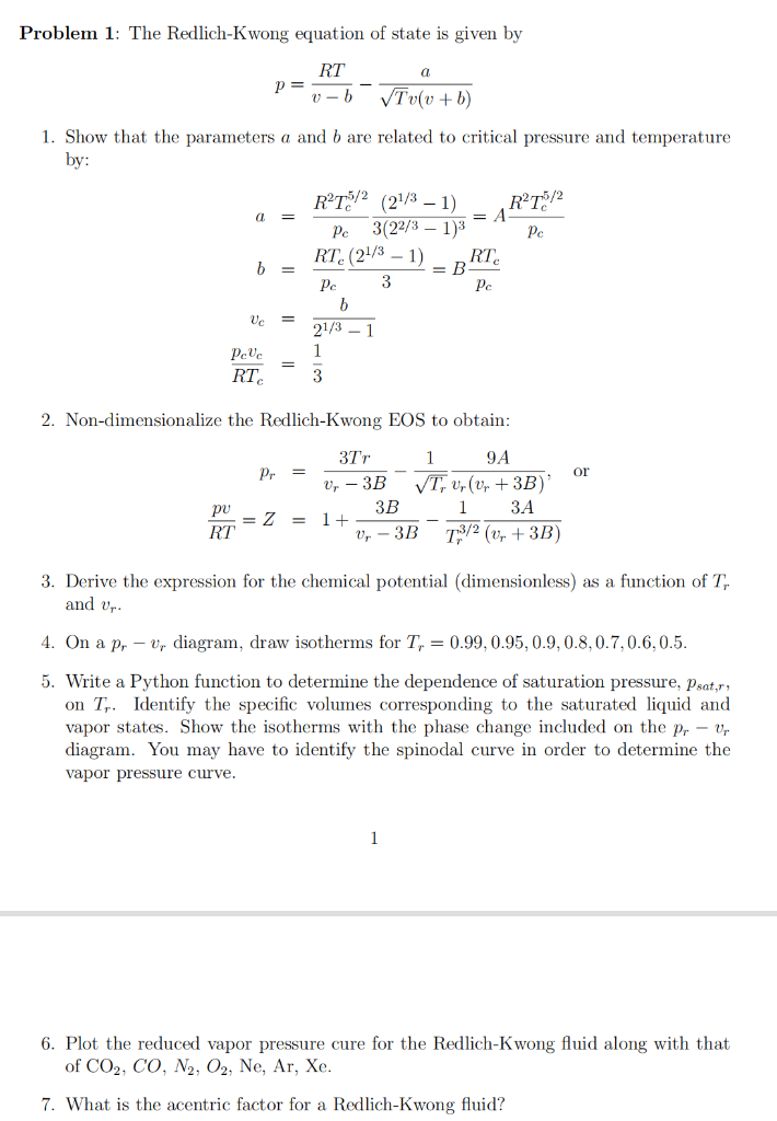 Solved Problem 1: The Redlich-Kwong equation of state is | Chegg.com
