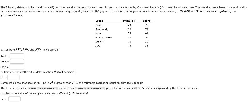 Solved y= overall score. a. Compute SST, SSR, and SSE (to 3 | Chegg.com