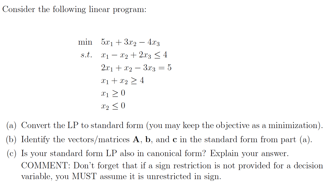 Solved Consider the following linear program: min s.t. | Chegg.com