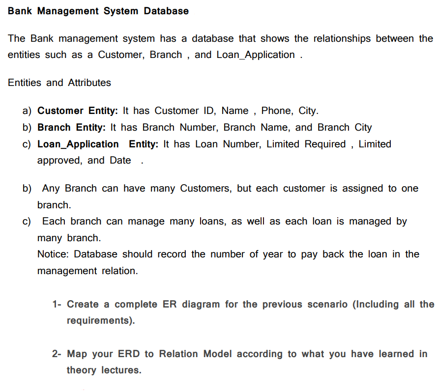 Solved Bank Management System Database The Bank management | Chegg.com