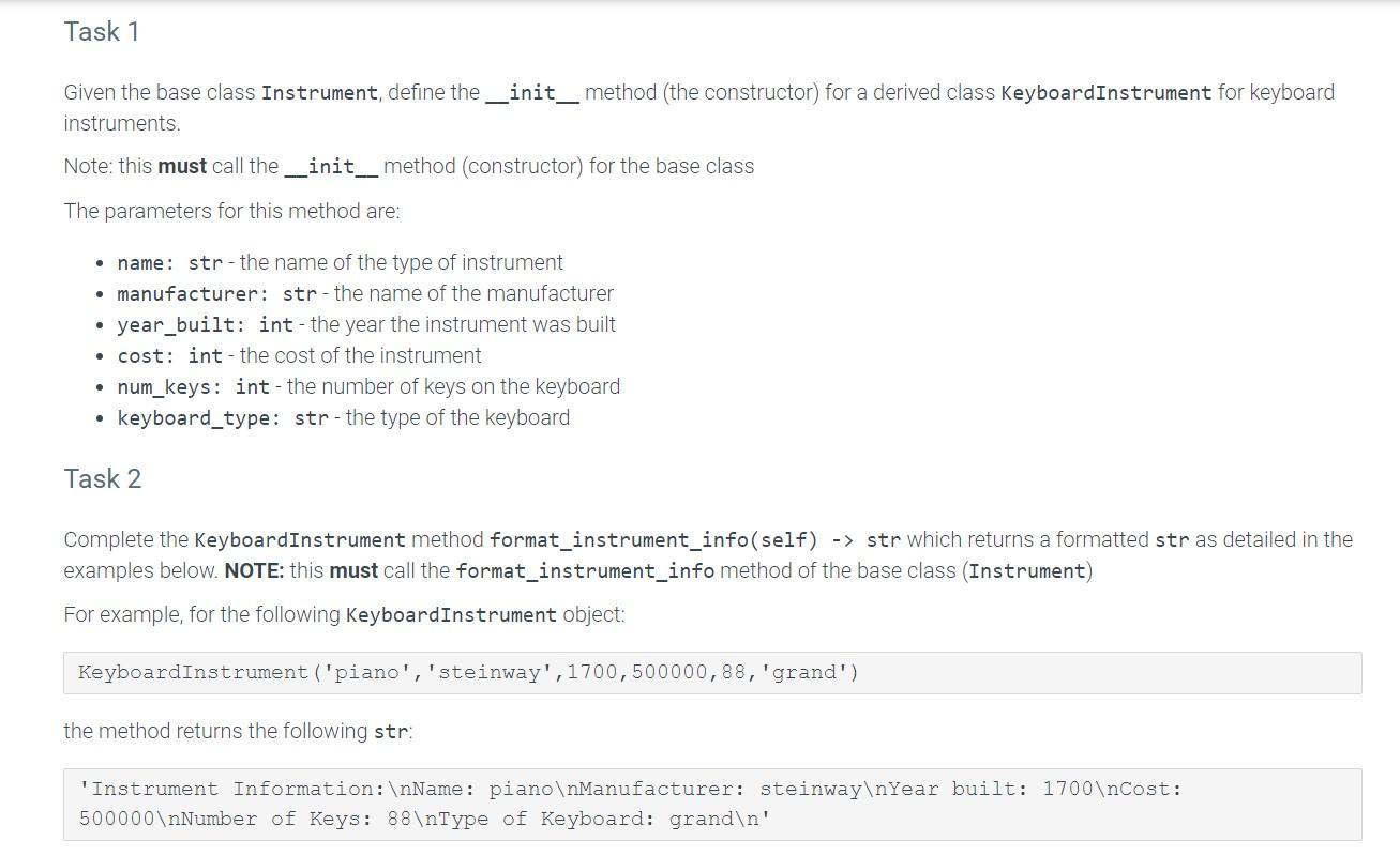 Solved Given the base class Instrument, define the _ init _ | Chegg.com