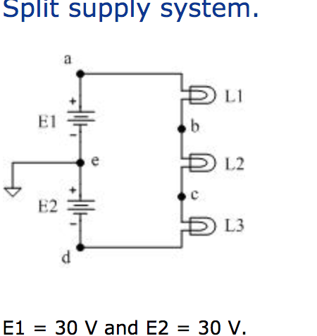 Solved Split supply system. 12 L3 E1 = 30 V and E2 = 30 V. | Chegg.com