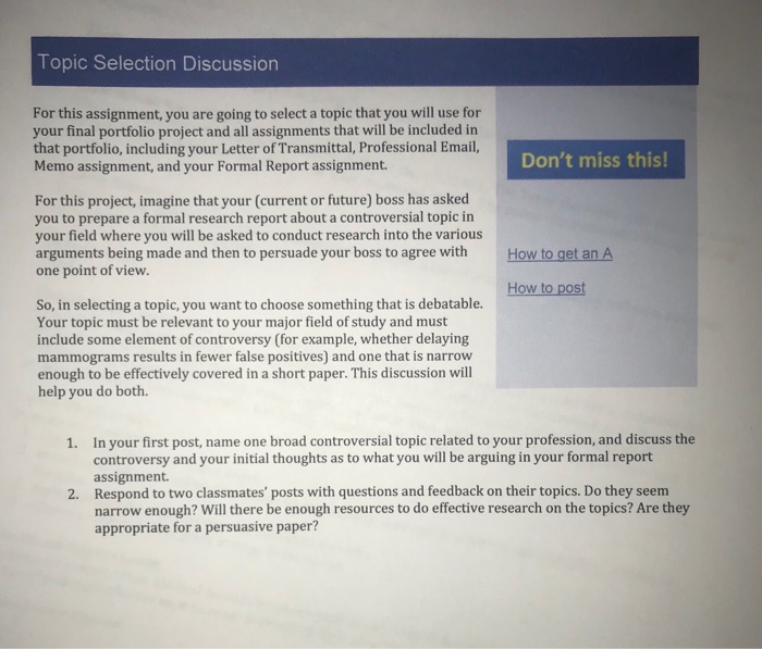 Solved Topic Selection Discussion For this assignment, you | Chegg.com Solved Topic Selection Discussion For this assignment, you | Chegg.com