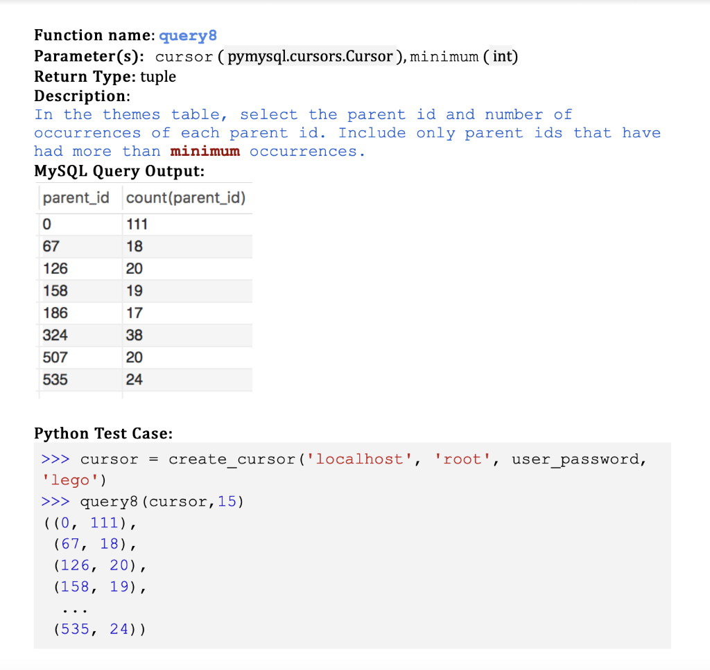 Solved Write the query def query8(cursor, minimum): | Chegg.com