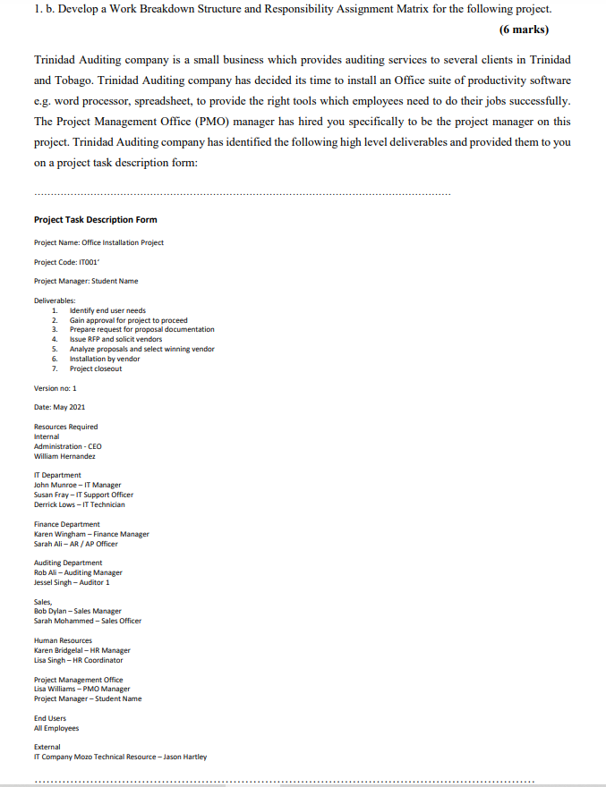 Solved 1. b. Develop a Work Breakdown Structure and | Chegg.com