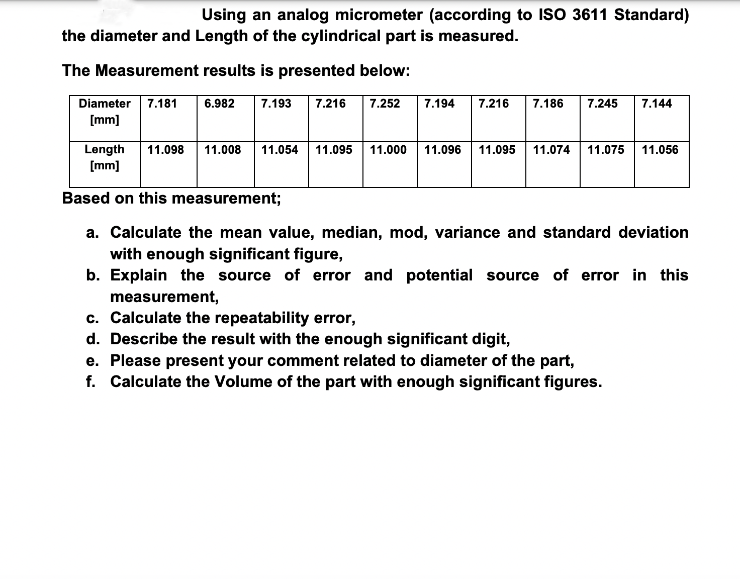 Solved Using an analog micrometer (according to ISO 3611 | Chegg.com
