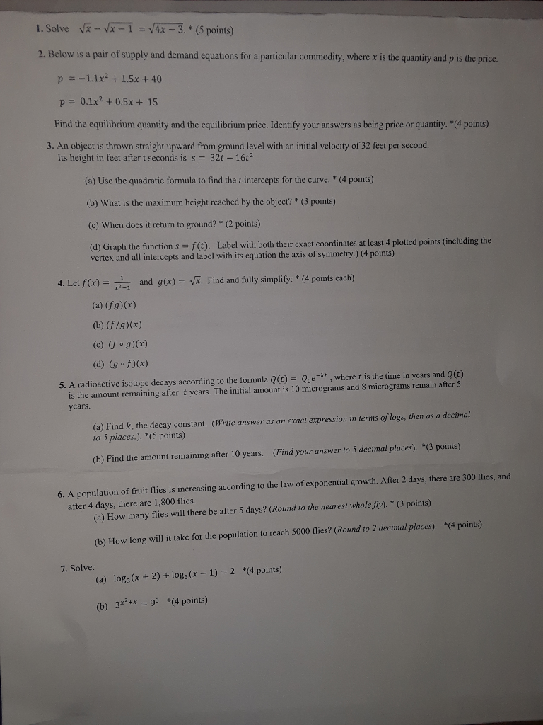 Solved 1. Solve V-VX-1 = 4x - 3. * (5 points) 2. Below is a | Chegg.com