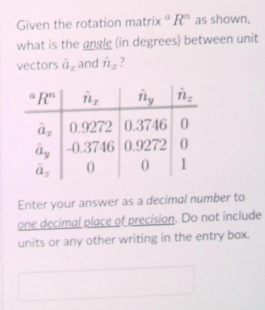 Solved Given the rotation matrix aRn as shown, what is the | Chegg.com