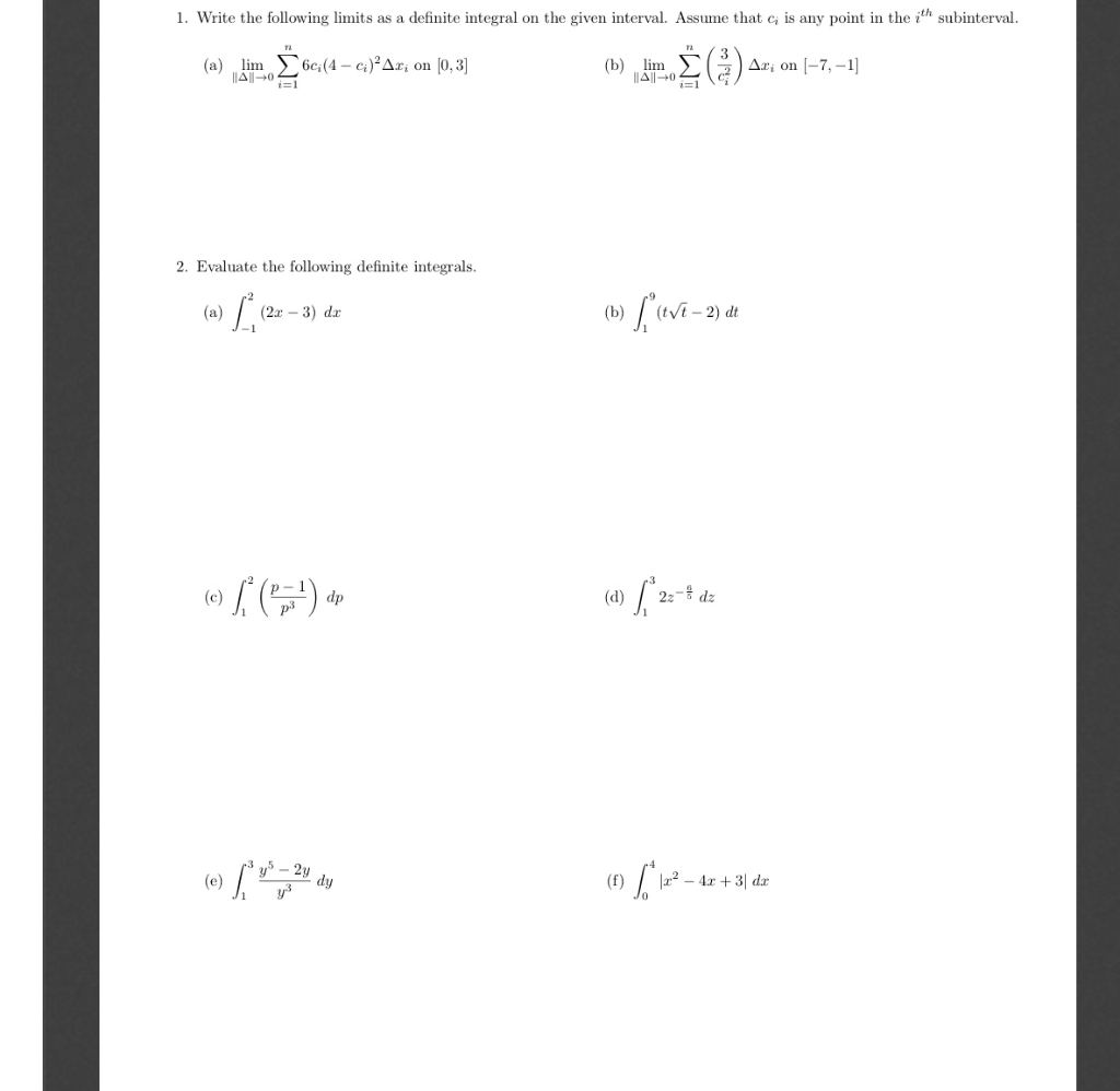 Solved 1. Write the following limits as a definite integral | Chegg.com