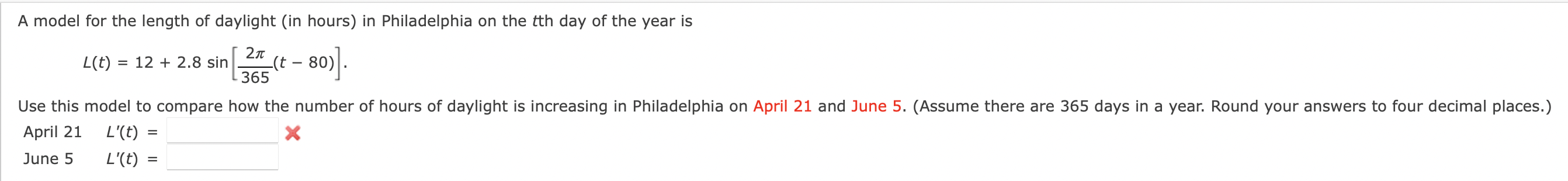 Solved A model for the length of daylight (in hours) in | Chegg.com