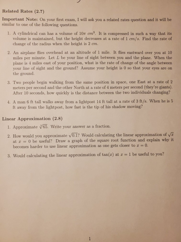 Solved Related Rates (2.7) Important Note: On your first | Chegg.com