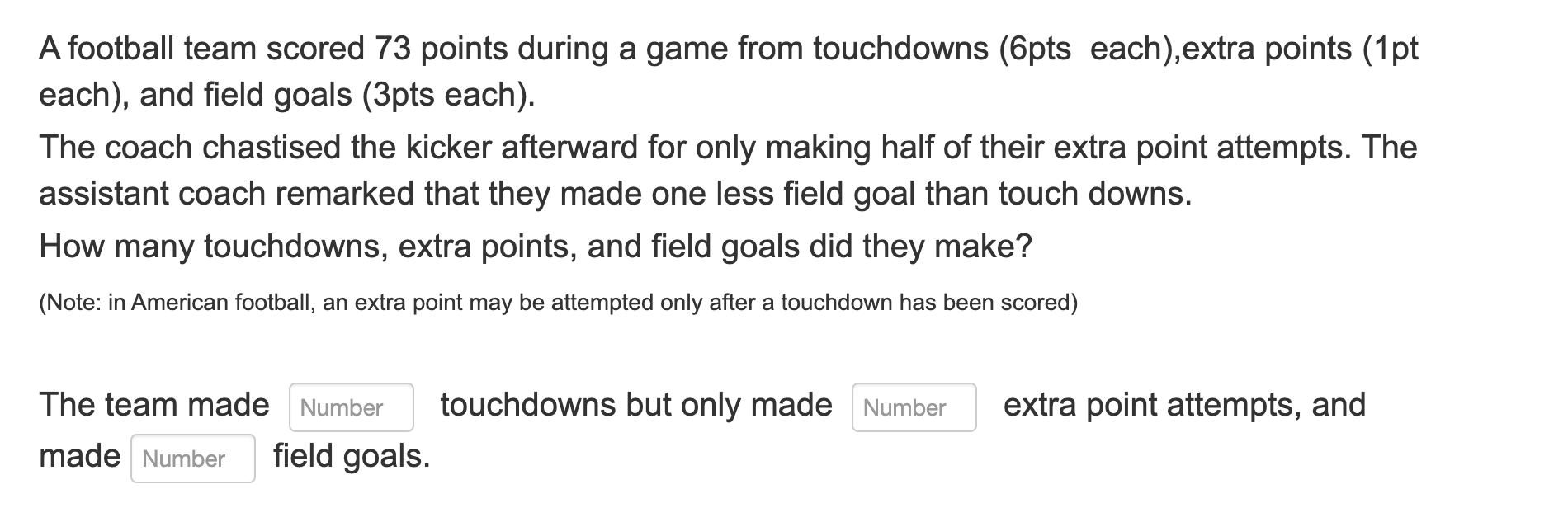 Solved A football team scored 73 points during a game from | Chegg.com