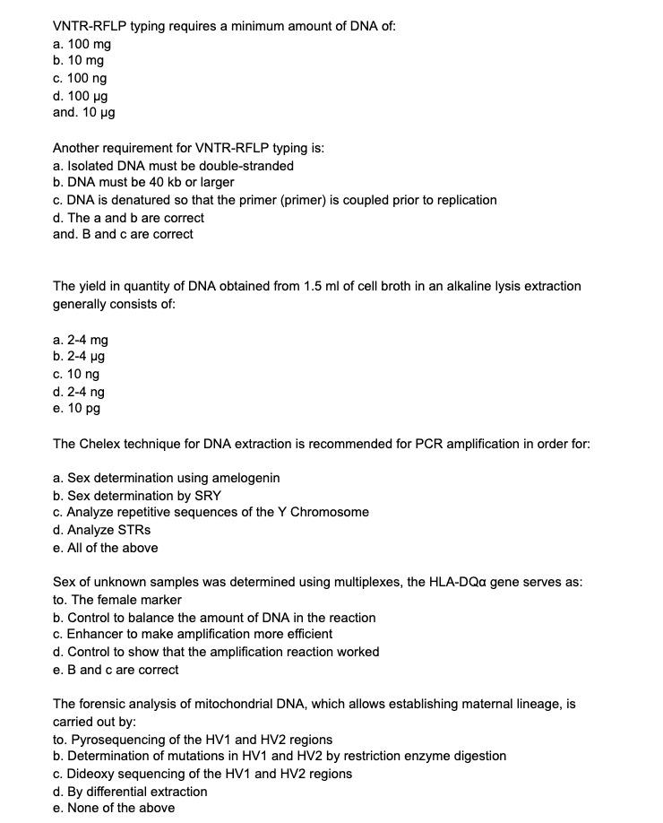 Solved VNTR-RFLP typing requires a minimum amount of DNA of: | Chegg.com