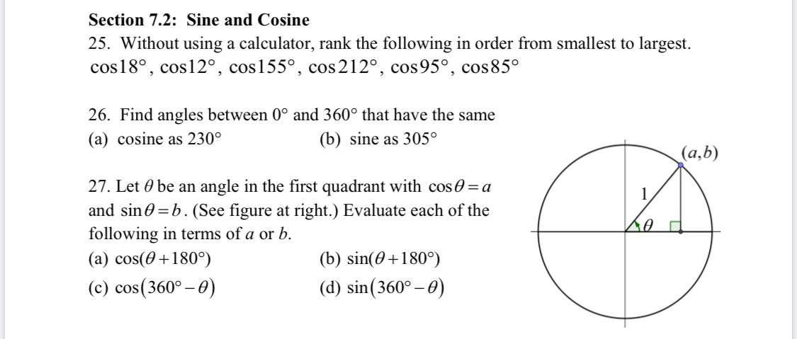 Solved Section 7.2: Sine and Cosine 25. Without using a | Chegg.com