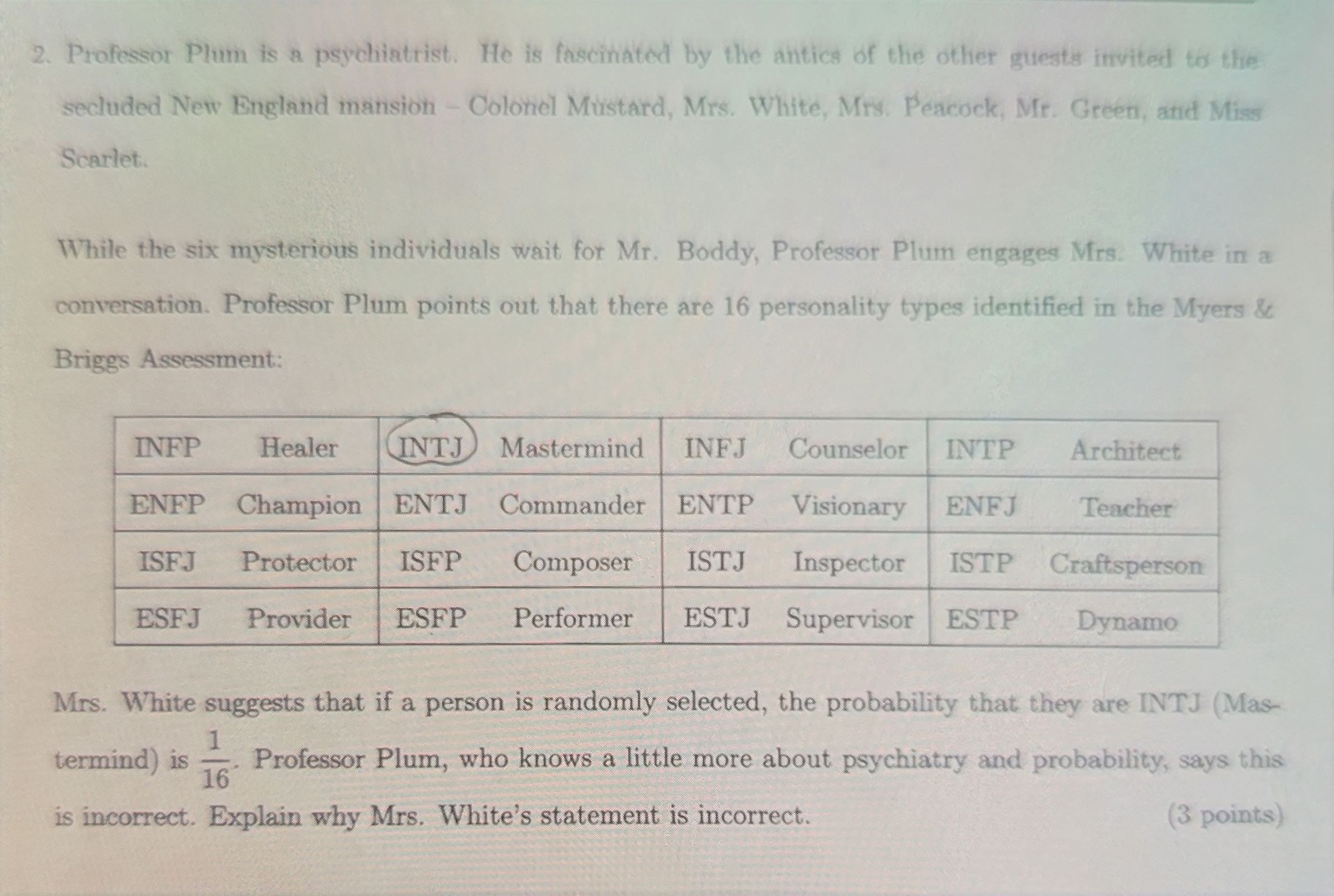 Solved 2. Professor Plum is a psychiatrist. He is fascinated | Chegg.com