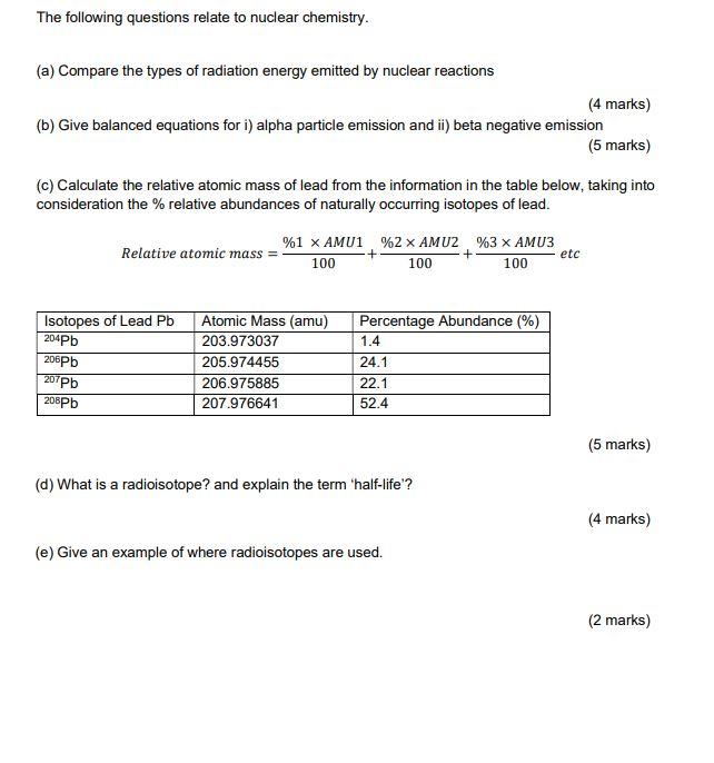 Solved The following questions relate to nuclear chemistry. | Chegg.com