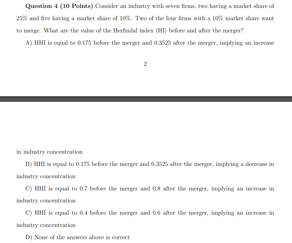 Solved Question 4 (10 Points) Consider an industry with | Chegg.com