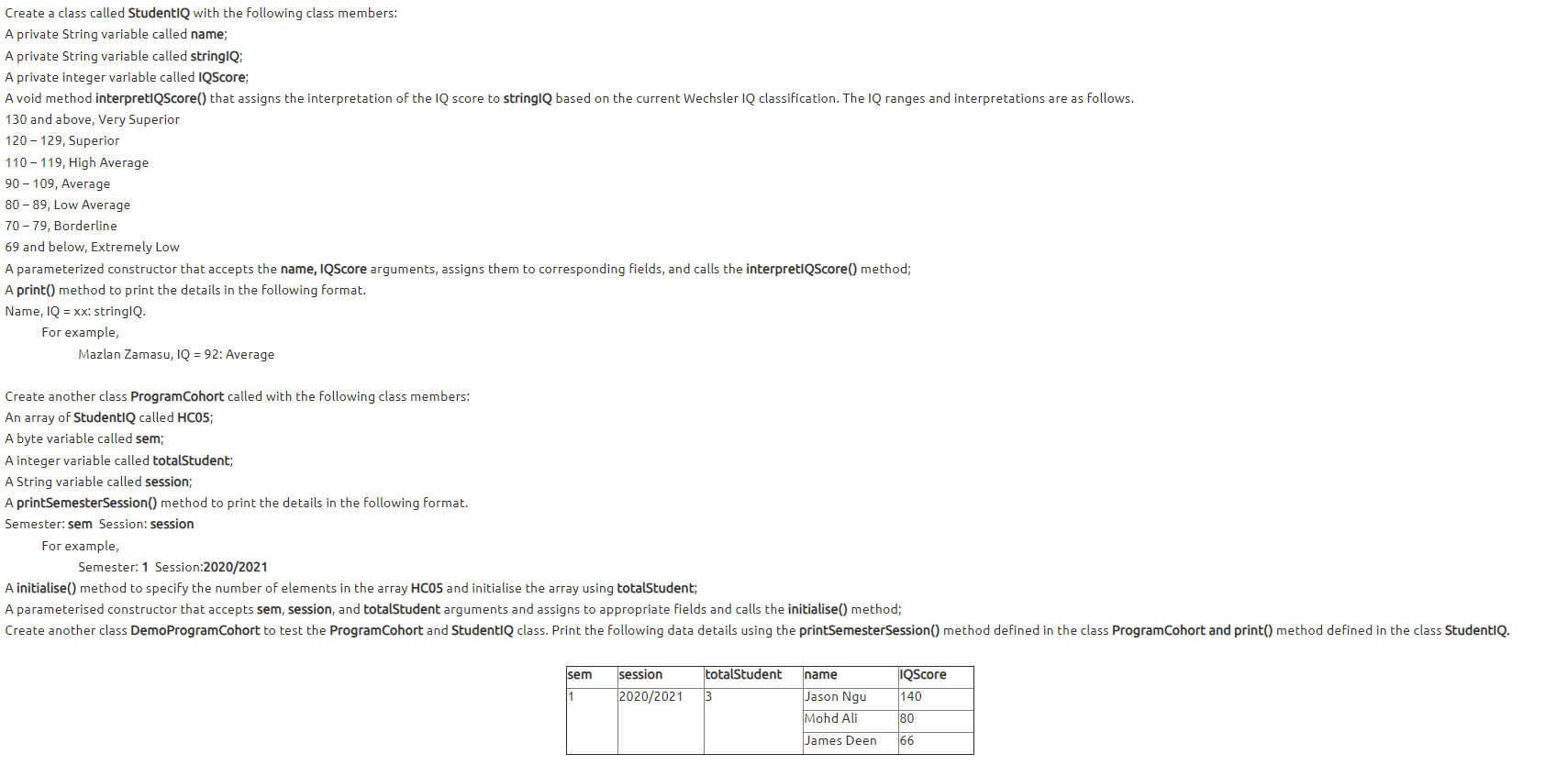 Solved Create a class called StudentIQ with the following | Chegg.com
